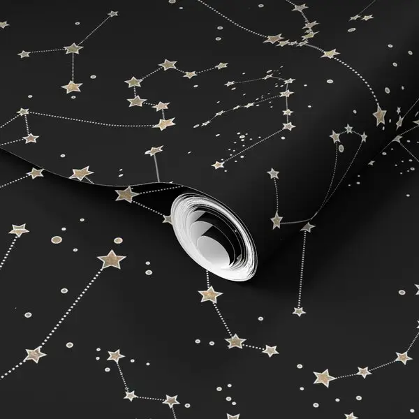 Spoonflower Constellations Space Stars Black White Night Time Custom Pre-pasted Wallpaper - Black,white,gray