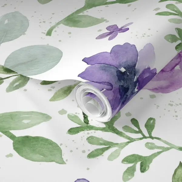 Spoonflower Purple Illustration Watercolor Lavender Fauna Custom Removable Wallpaper - Green,blue,gray