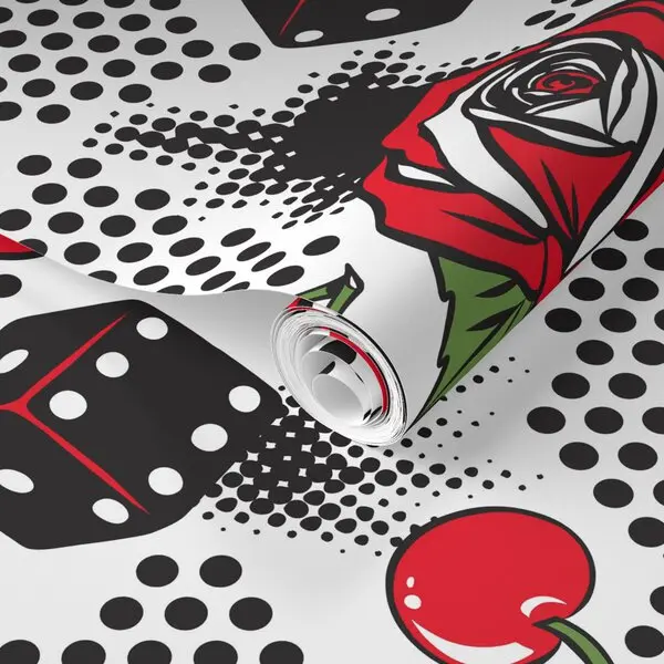 Spoonflower Luck White Rockabilly Retro Vintage Rose Floral Custom Pre-pasted Wallpaper - Red,black,gray
