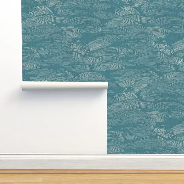 Spoonflower The Water Turquoise 100% Natural Sisal Grasscloth Wallcovering - Blue,turquoise