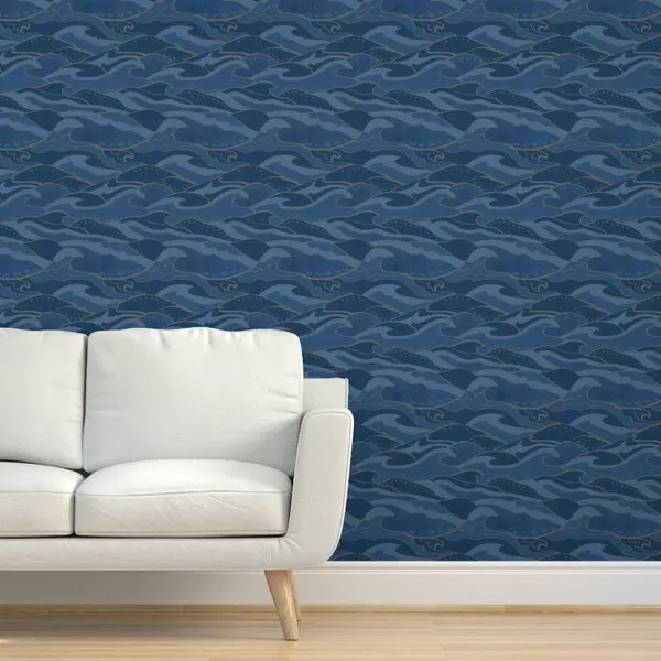 Spoonflower Great Wave Dark Navy Ocean Waves Sea Nautical Custom Pre-pasted Wallpaper