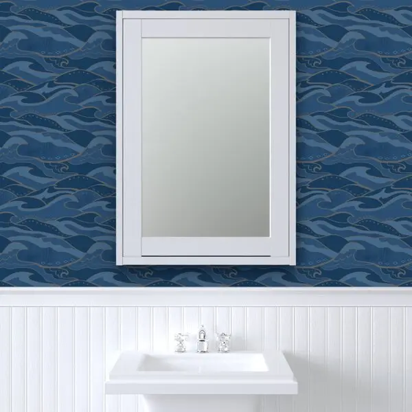 Spoonflower Great Wave Dark Navy Ocean Waves Sea Nautical Custom Pre-pasted Wallpaper