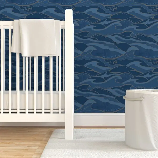 Spoonflower Great Wave Dark Navy Ocean Waves Sea Nautical Custom Pre-pasted Wallpaper