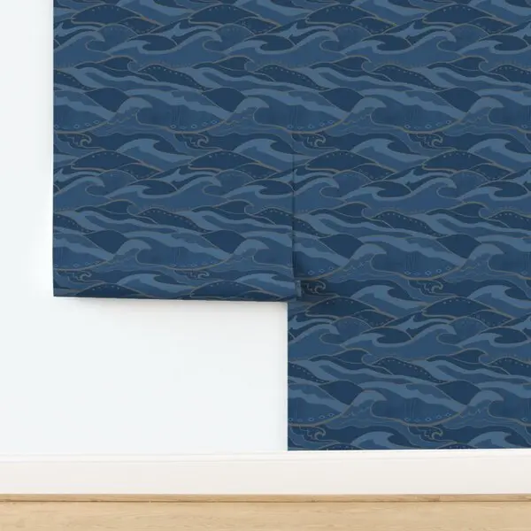 Spoonflower Great Wave Dark Navy Ocean Waves Sea Nautical Custom Pre-pasted Wallpaper