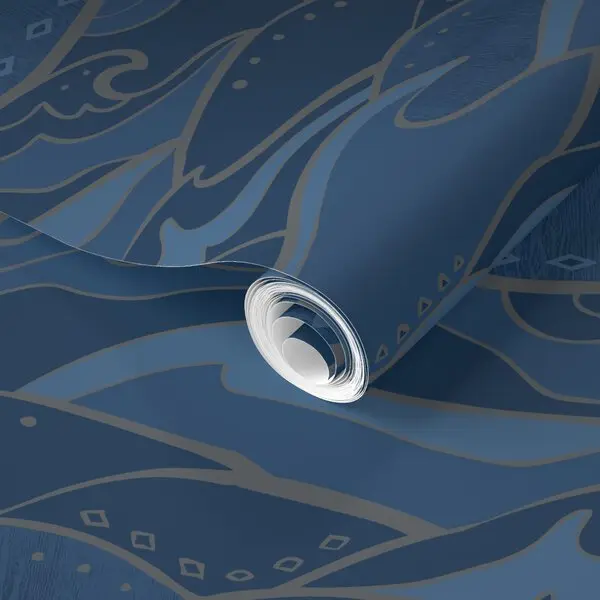 Spoonflower Great Wave Dark Navy Ocean Waves Sea Nautical Custom Pre-pasted Wallpaper - Blue