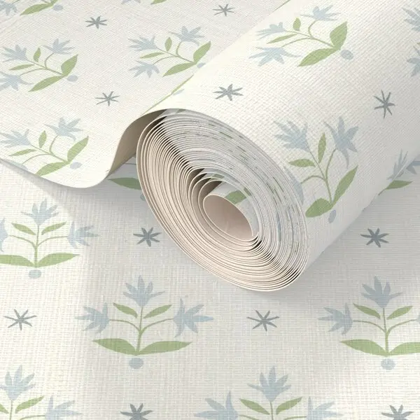 Spoonflower Thistle Stars Blues On White 100% Natural Sisal Grasscloth Wallcovering - Green