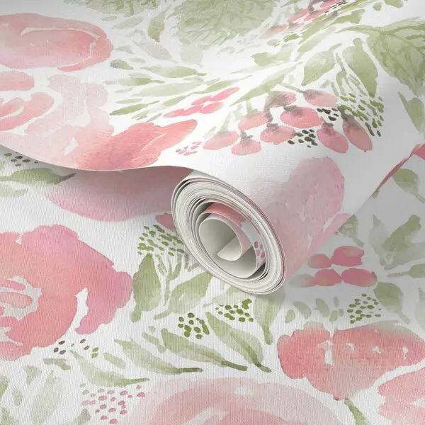 Spoonflower Blush Bouquets Watercolor Floral Romantic Flowers Custom Removable Wallpaper - Pink,green,brown