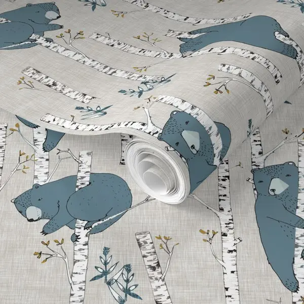 Spoonflower Birch Bears Blue Small Bear Forest Woodland Baby Traditional Wallpaper - Gray,blue