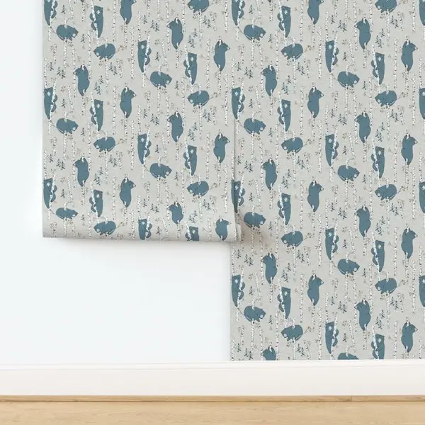 Spoonflower Birch Bears Blue Small Bear Forest Woodland Baby Traditional Wallpaper - Gray,blue