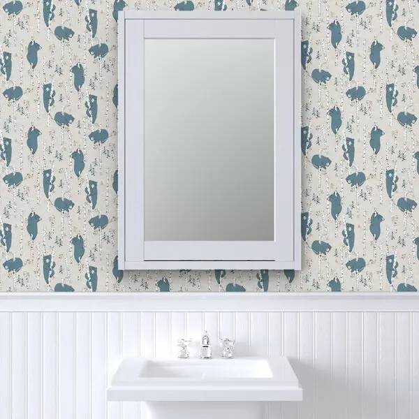 Spoonflower Birch Bears Blue Small Bear Forest Woodland Baby Traditional Wallpaper - Gray,blue