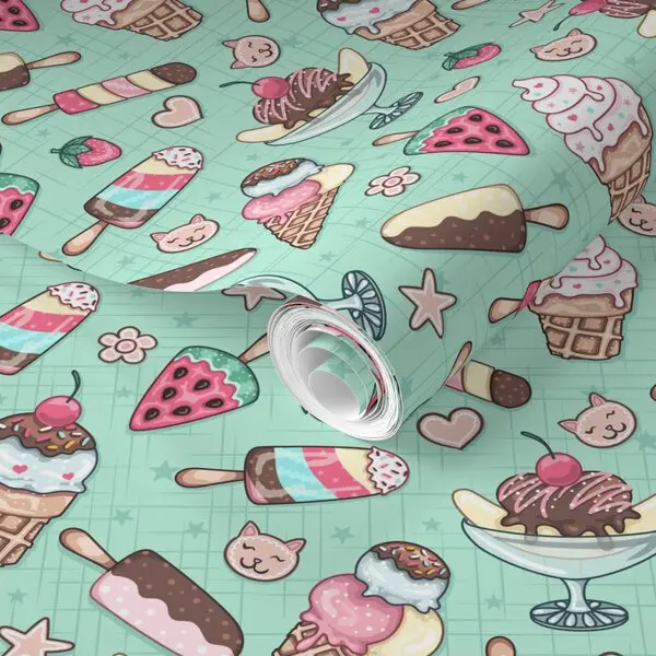 Spoonflower Pink Green Cute Happy Colorful Sweet Food Custom Pre-pasted Wallpaper - Mint,purple,gray