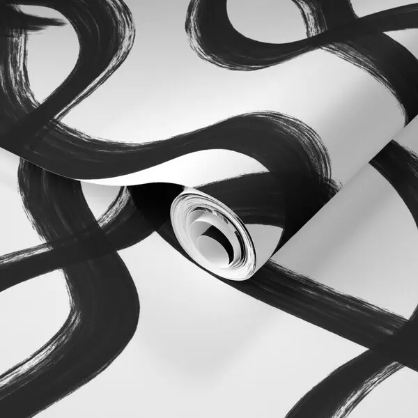Spoonflower Black And White Chinese Japanese Abstract Ink Custom Pre-pasted Wallpaper - Black,white,gray