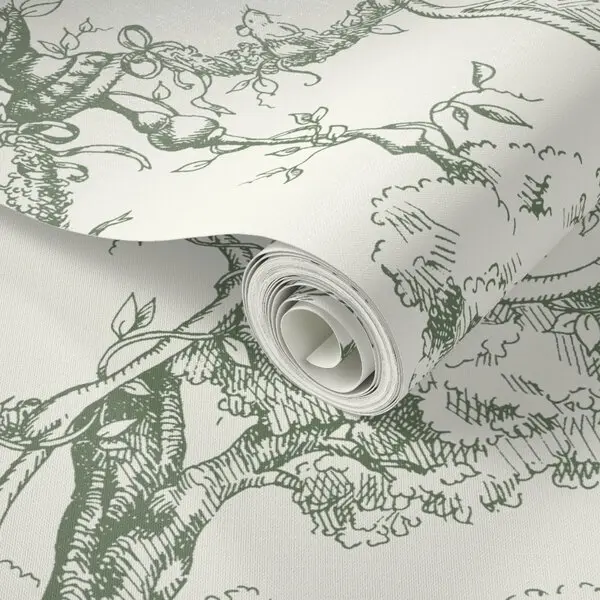 Spoonflower Green Birds Woodland Animals Hand Drawn Custom Pre-pasted Wallpaper - Gray,green