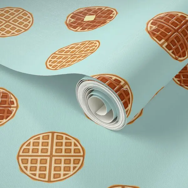Spoonflower Belgian Waffle Breakfast Food Summer Junk Custom Pre-pasted Wallpaper - Brown,teal,orange