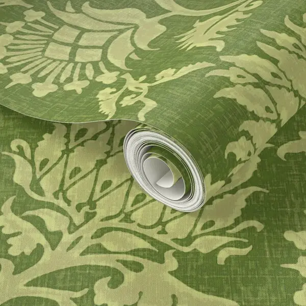 Spoonflower Renaissance Floral Damask Custom Pre-pasted Wallpaper - Green,sage