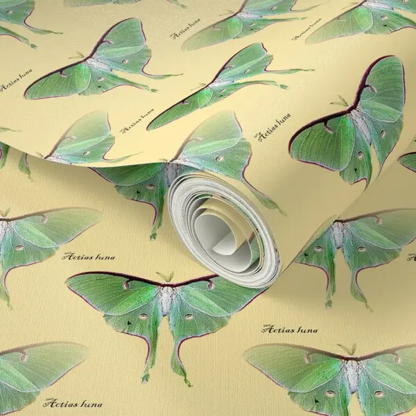 Spoonflower Green Yellow Butterfly Mint Moth Science Custom Removable Wallpaper - Green,brown