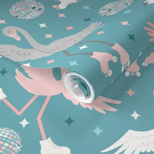 Spoonflower Pink Blue Retro Flamingo Swan Disco Roller Skating Traditional Wallpaper - Blue,gray,teal