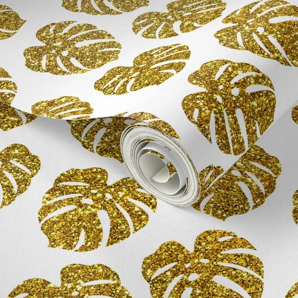 Spoonflower Gold Tropical Summer White Palm Leaves Hawaiian Custom Removable Wallpaper - White,yellow,green