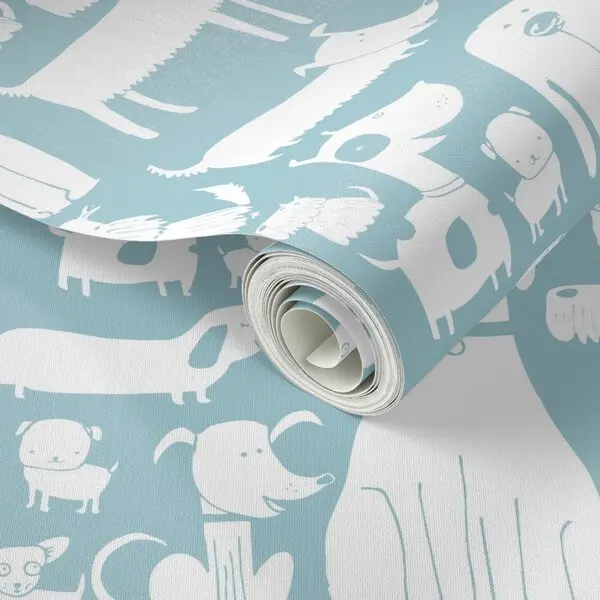 Spoonflower Dogs Dachshund Puppy Silhouette Portrait Pet Cute Custom Pre-pasted Wallpaper - Blue,white,green