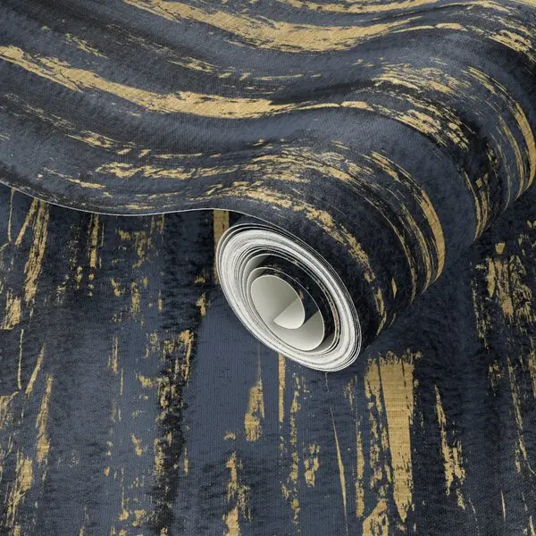 Spoonflower Painted Indigo Blue Gold Midnight Stripe Nature Custom Pre-pasted Wallpaper - Blue,gold,black