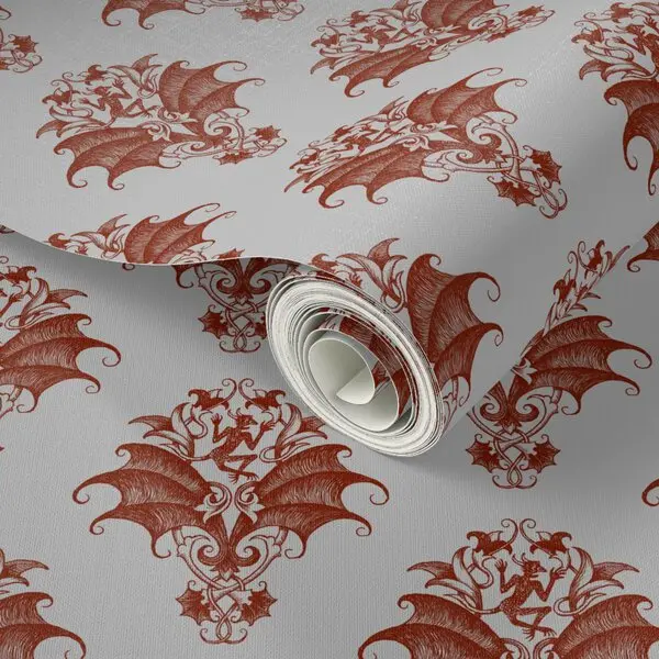 Spoonflower Victorian Damask Halloween Devil Bat Satan Custom Pre-pasted Wallpaper - Gray,brown,green