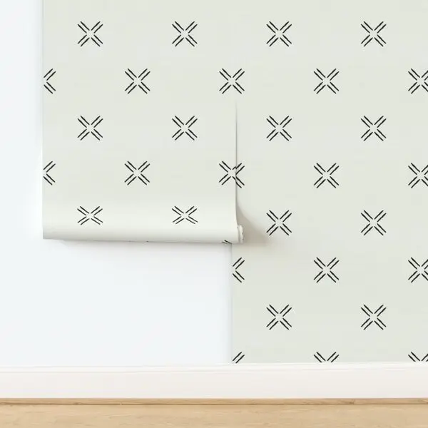 Spoonflower Cross Onyx On Bone Trendy Mud Cloth Custom Pre-pasted Wallpaper - Gray
