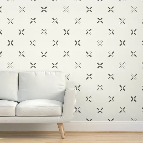 Spoonflower Cross Onyx On Bone Trendy Mud Cloth Custom Pre-pasted Wallpaper - Gray