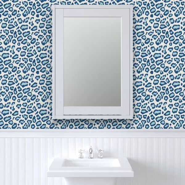 Spoonflower Leopard Skin Blue Animal Retro Print Cheetah Custom Pre-pasted Wallpaper - Blue,white