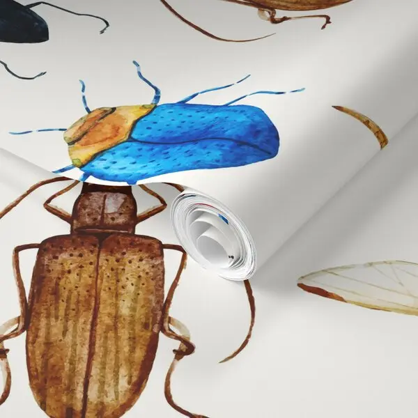 Spoonflower Colorful Bugs Bug Insect Watercolor Beetles Custom Removable Wallpaper - Gray,blue,green