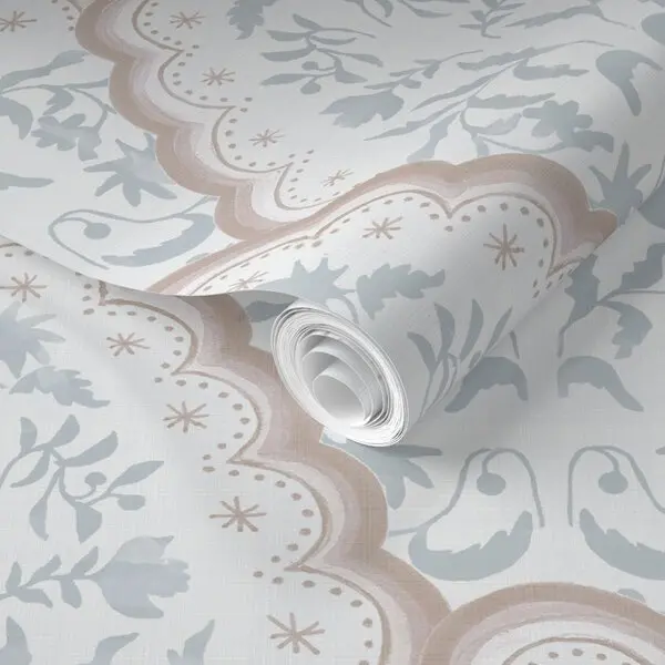Spoonflower Paisley Pale Traditional Soft Scallop Painted Custom Pre-pasted Wallpaper - Gray,brown,white