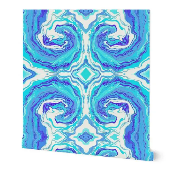 Spoonflower Tie Dye Turquoise Wave Blue Ocean Liquid 100% Natural Sisal Grasscloth Wallcovering - Turquoise,blue