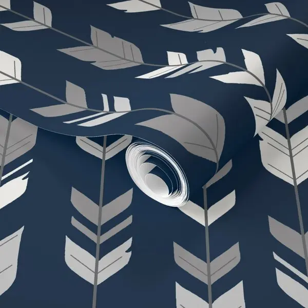 Spoonflower Blue Woodland Feathers Arrows Tribal Navy And Grey Custom Removable Wallpaper - Blue,gray