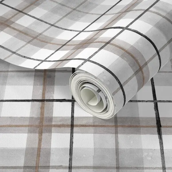 Spoonflower Gray White Tartan Plaid Neutral Light Coordinate Custom Pre-pasted Wallpaper - Gray,white,brown
