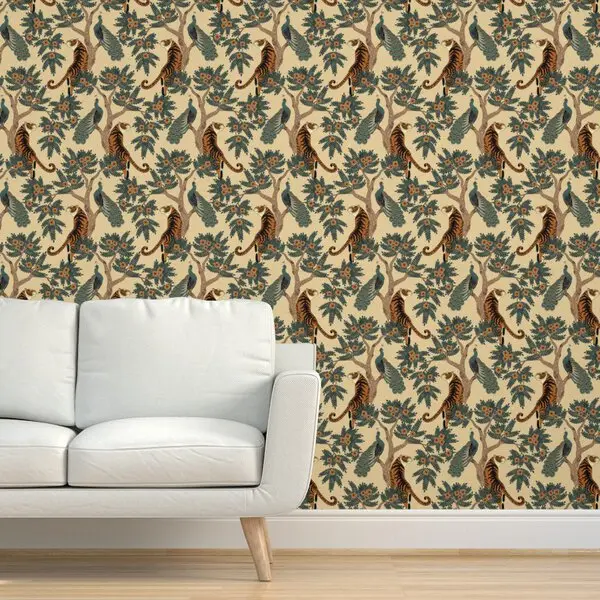 Spoonflower Tiger And Peacock Large Scale 100% Natural Sisal Grasscloth Wallcovering - Yellow