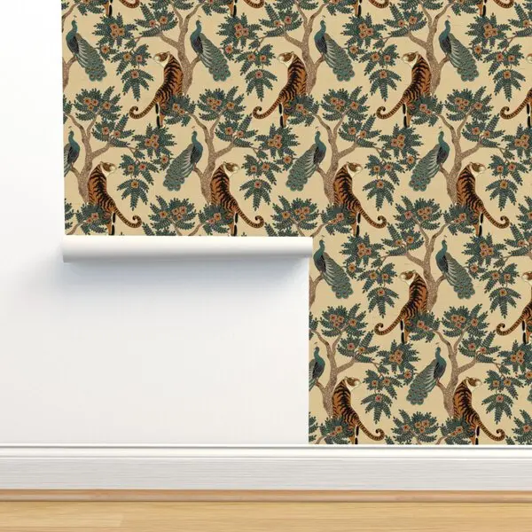 Spoonflower Tiger And Peacock Large Scale 100% Natural Sisal Grasscloth Wallcovering - Yellow