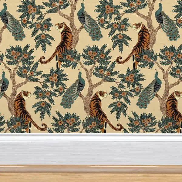 Spoonflower Tiger And Peacock Large Scale 100% Natural Sisal Grasscloth Wallcovering - Yellow