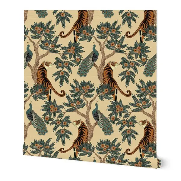 Spoonflower Tiger And Peacock Large Scale 100% Natural Sisal Grasscloth Wallcovering - Yellow