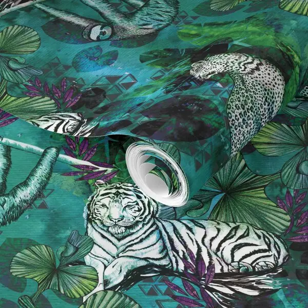 Spoonflower Green Purple Modern Animal Jungle Graphic Custom Removable Wallpaper - Mint,blue,teal