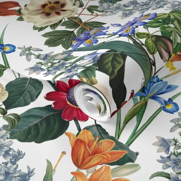 Spoonflower Exotic Vintage Passiflora Flowers Night Garden Custom Pre-pasted Wallpaper - Gray,green,red