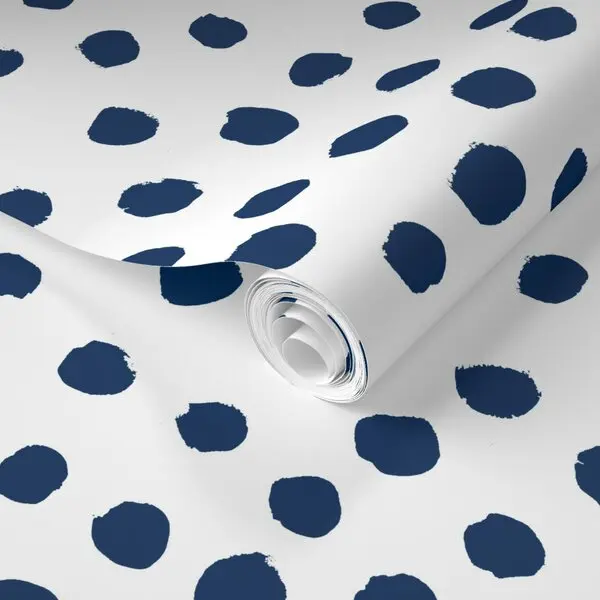 Spoonflower Dot Nursery Navy Blue Dots B Aby Custom Pre-pasted Wallpaper - White,blue