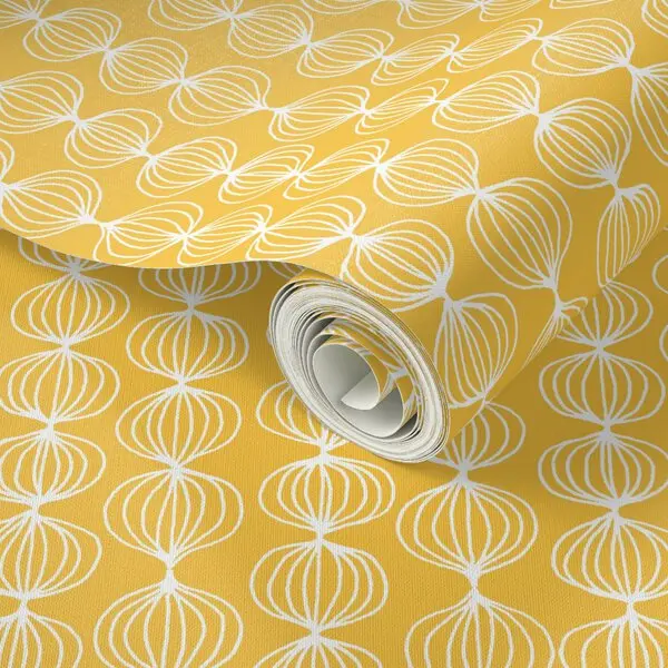 Spoonflower Mod Ogee Yellow White Mid Century Modern Custom Pre-pasted Wallpaper - Yellow,white,beige