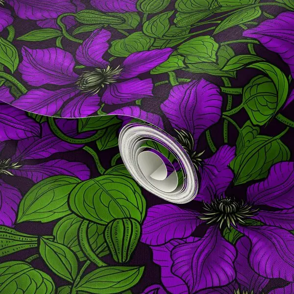 Spoonflower Flower Leaves Floral Purple Pattern Vine Custom Removable Wallpaper - Purple,green,black
