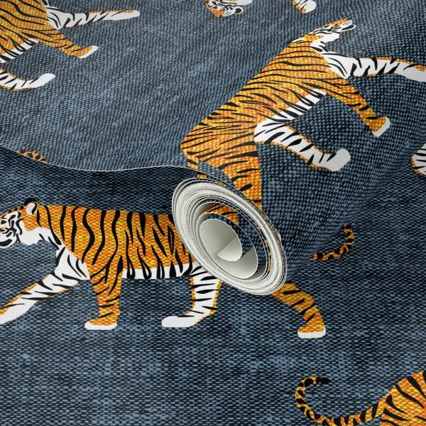 Spoonflower Animal Woven Tiger Textured Wild Animals Little Traditional Wallpaper - Blue,brown