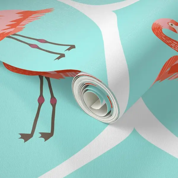 Spoonflower Flamingos Ogee Flamingo Turquoise Pink Retro Custom Pre-pasted Wallpaper - Blue,pink,mint