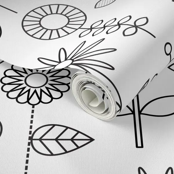 Spoonflower White Mod Doodle Blooms Floral Flowers Coloring Custom Removable Wallpaper - White,black,gray