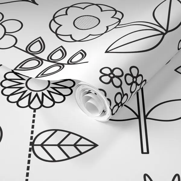 Spoonflower White Mod Doodle Blooms Floral Flowers Coloring Custom Removable Wallpaper - White,black,gray