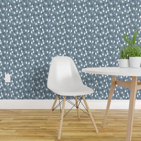 Spoonflower Rain Water Umbrella Weather Parasol Shower Custom Pre-pasted Wallpaper - Blue