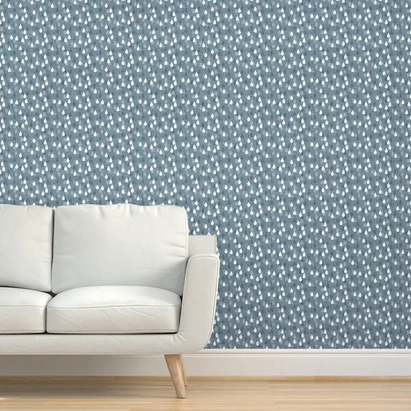 Spoonflower Rain Water Umbrella Weather Parasol Shower Custom Pre-pasted Wallpaper - Blue
