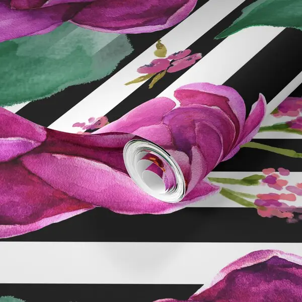 Spoonflower Pink Sunrise Black White Stripes Floral Flowers Custom Pre-pasted Wallpaper - Black,pink,gray