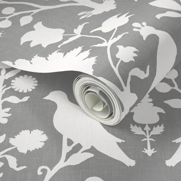 Spoonflower Birds Peacocks French Floral Gray Custom Removable Wallpaper - Gray,white